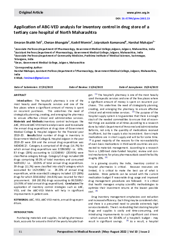 (PDF) Application of ABC-VED analysis for inventory control in drug ...