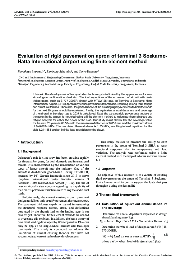 (PDF) Evaluation of rigid pavement on apron of terminal 3 Soekarno-Hatta International Airport ...