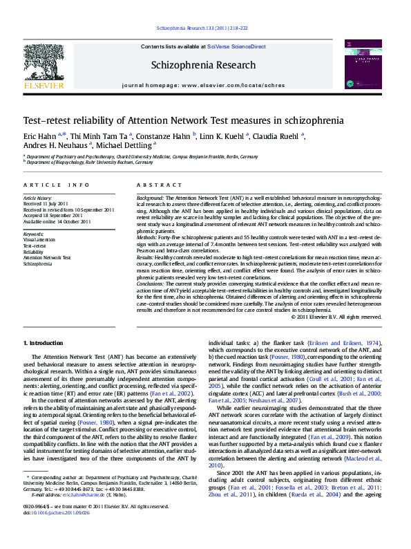 (PDF) Test–retest reliability of Attention Network Test measures in ...