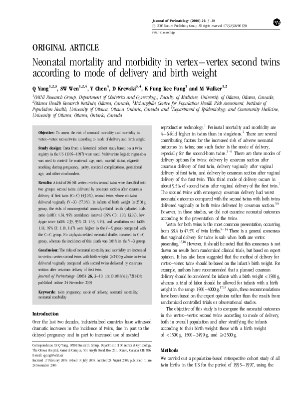 (PDF) Neonatal death and morbidity in vertex-nonvertex second twins ...