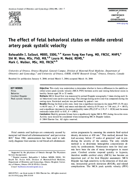 (PDF) The effect of fetal behavioral states on middle cerebral artery ...