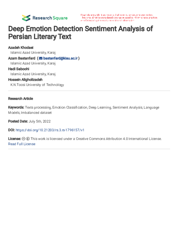 (PDF) Deep Emotion Detection Sentiment Analysis of Persian Literary Text
