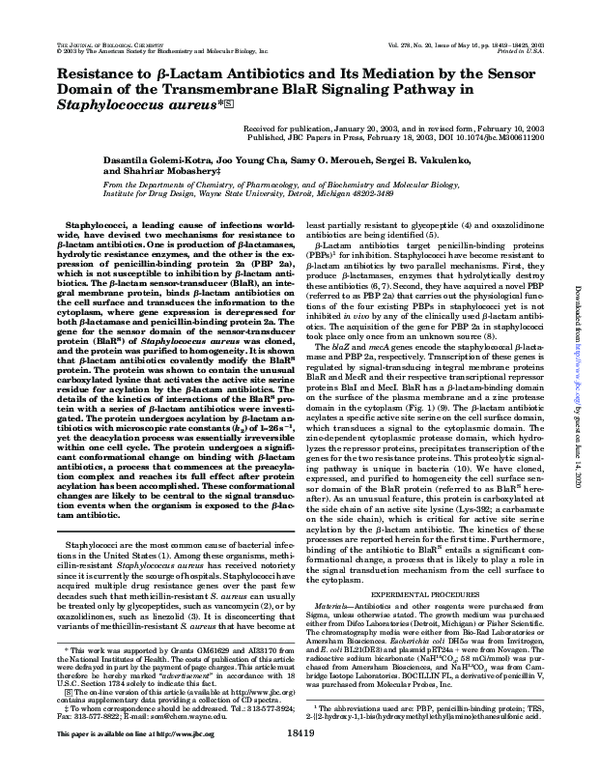 (PDF) Resistance to β-Lactam Antibiotics and Its Mediation by the Sensor Domain of the ...