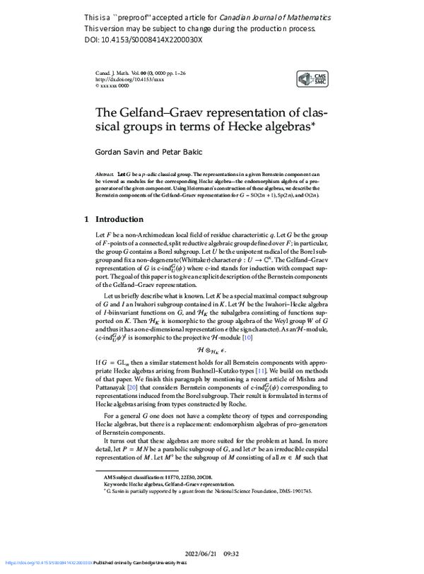 (PDF) The Gelfand–Graev representation of classical groups in terms of ...