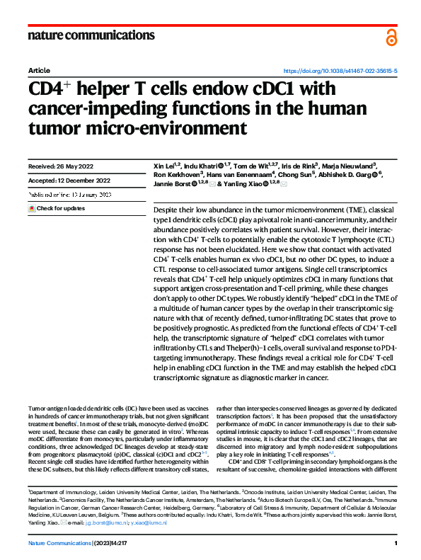 (PDF) CD4+ helper T cells endow cDC1 with cancer-impeding functions in the human tumor micro ...