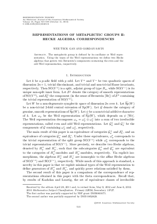 (PDF) Representations of metaplectic groups II: Hecke algebra ...