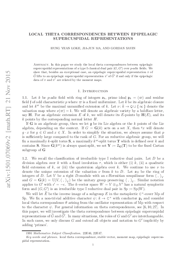 (PDF) Local theta correspondences between epipelagic supercuspidal representations