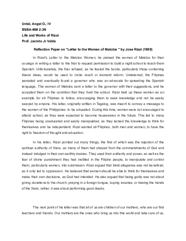 (PDF) Reflection Paper on "Letter to the Women of Malolos " by Jose ...