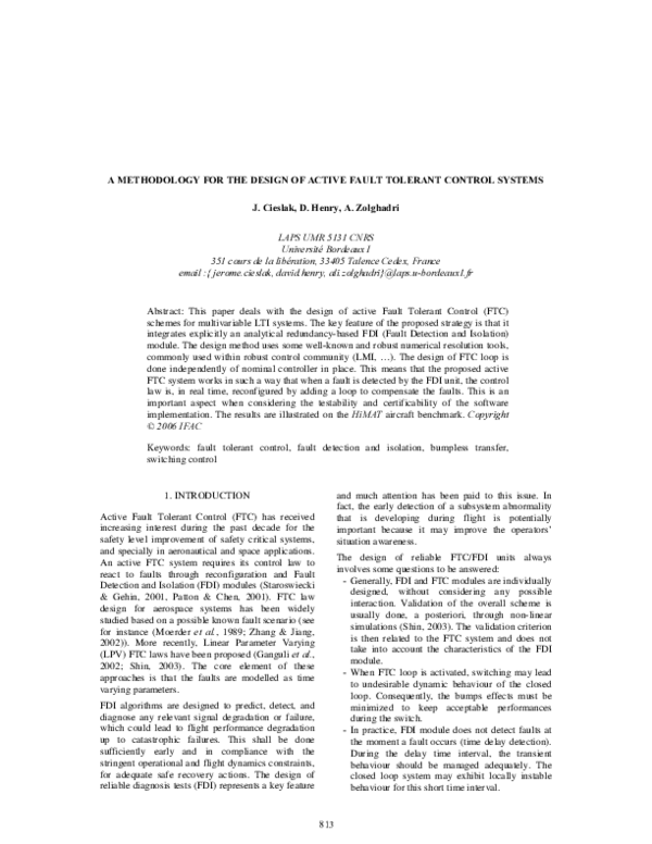 (PDF) A Methodology for the Design of Active Fault Tolerant Control Systems