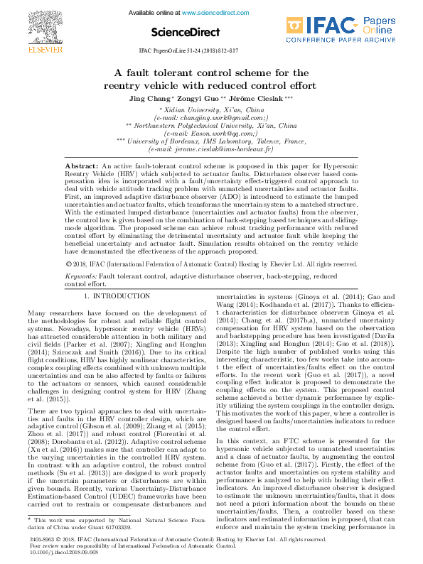 Pdf A Fault Tolerant Control Scheme For The Reentry Vehicle With Reduced Control Effort