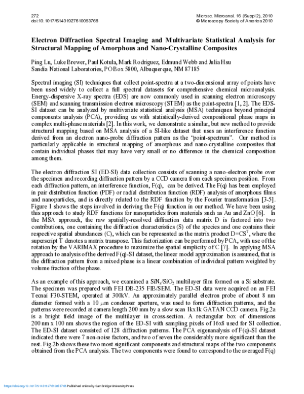 Pdf Electron Diffraction Spectral Imaging And Multivariate Statistical Analysis For Structural