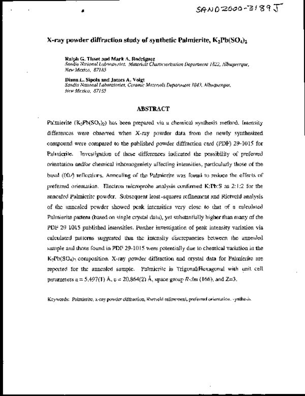 X-ray powder diffraction study of synthetic Palmierite, K2Pb(SO4)2