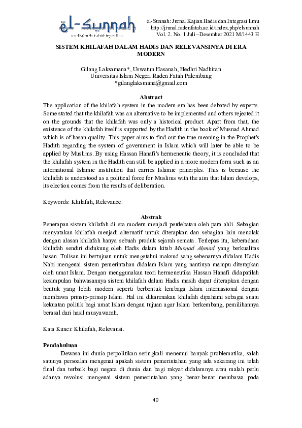 (PDF) SISTEM KHILAFAH DALAM HADIS DAN RELEVANSINYA MODERN