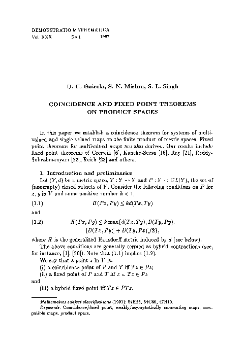 Pdf Coincidence And Fixed Point Theorems On Product Spaces