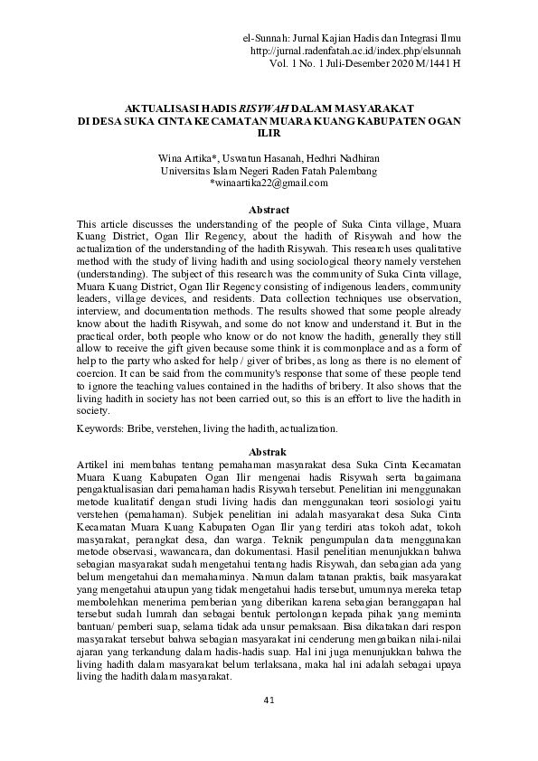 (PDF) AKTUALISASI HADIS RISYWAH DALAM MASYARAKAT DI DESA SUKA CINTA ...