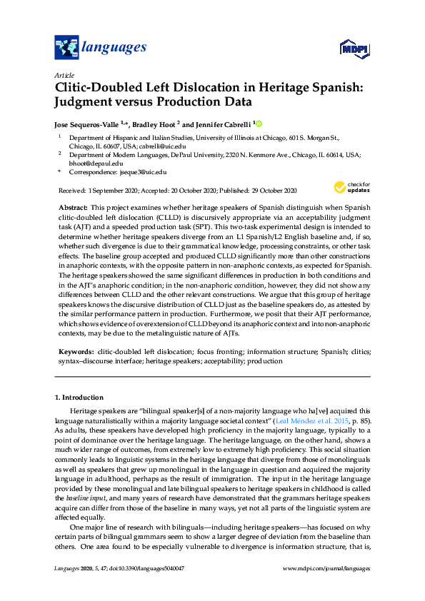 (PDF) Clitic-Doubled Left Dislocation in Heritage Spanish: Judgment ...
