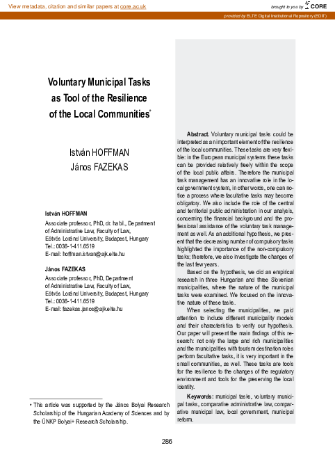 (PDF) Voluntary Municipal Tasks as Tool of the Resilience of the Local ...
