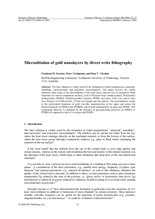 (PDF) Microablation of gold nanolayers by direct write lithography