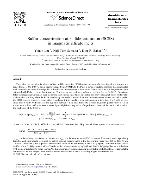 (PDF) Sulfur concentration at sulfide saturation (SCSS) in magmatic silicate melts