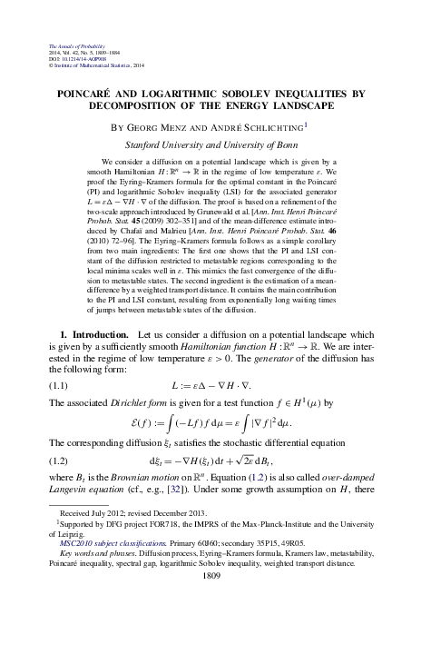 (PDF) Poincaré and logarithmic Sobolev inequalities by decomposition of the energy landscape