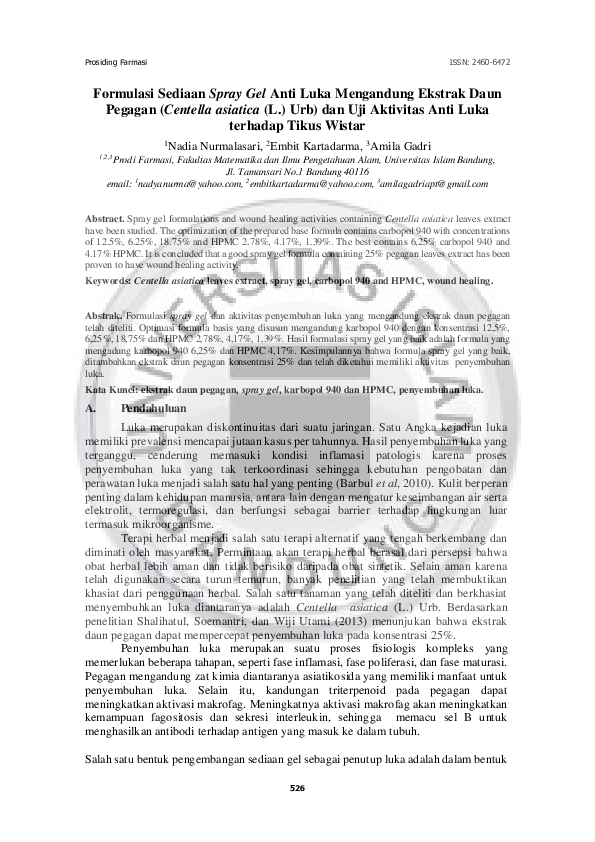 (PDF) Formulasi Sediaan Spray Gel Anti Luka Mengandung Ekstrak Daun Pegagan (Centella asiatica ...
