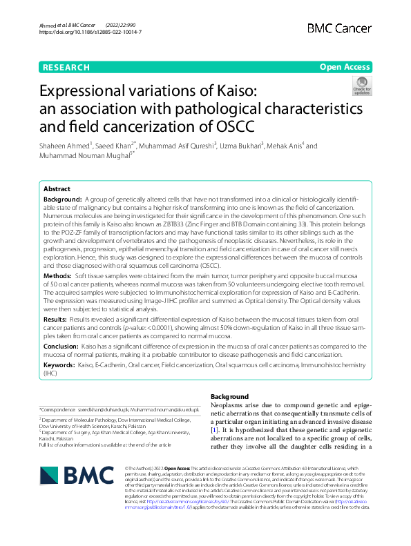 (PDF) Expressional Variations of Kaiso: An Association with ...