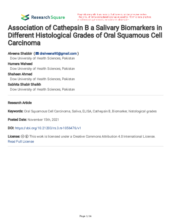 (PDF) Association of Cathepsin B a Salivary Biomarkers in Different Histological Grades of Oral ...