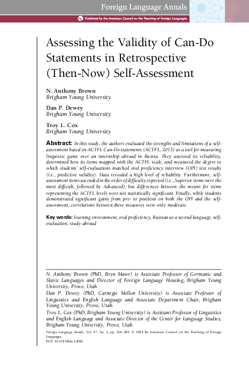 (PDF) Assessing the Validity of Can-Do Statements in Retrospective (Then-Now) Self-Assessment