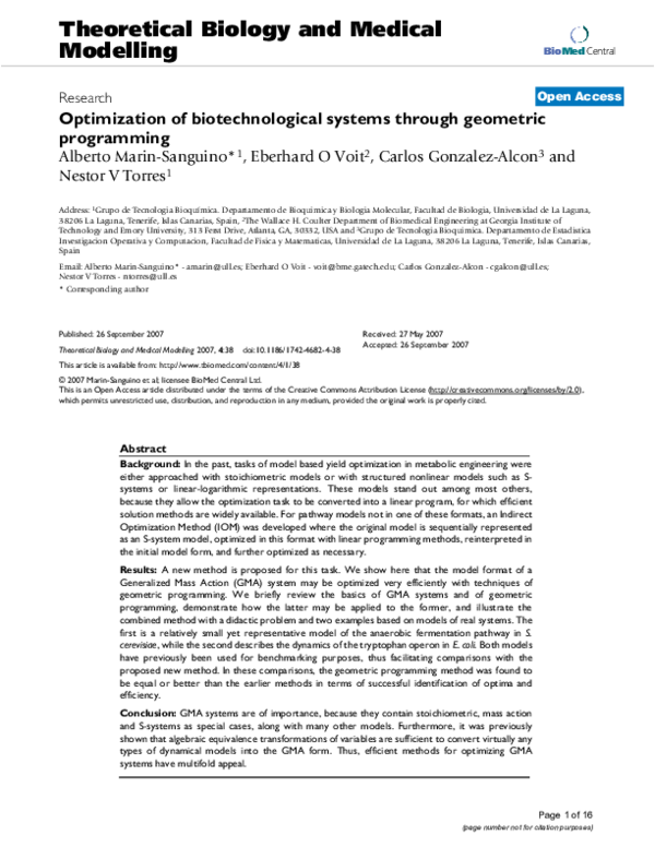(PDF) Optimization of biotechnological systems through geometric programming