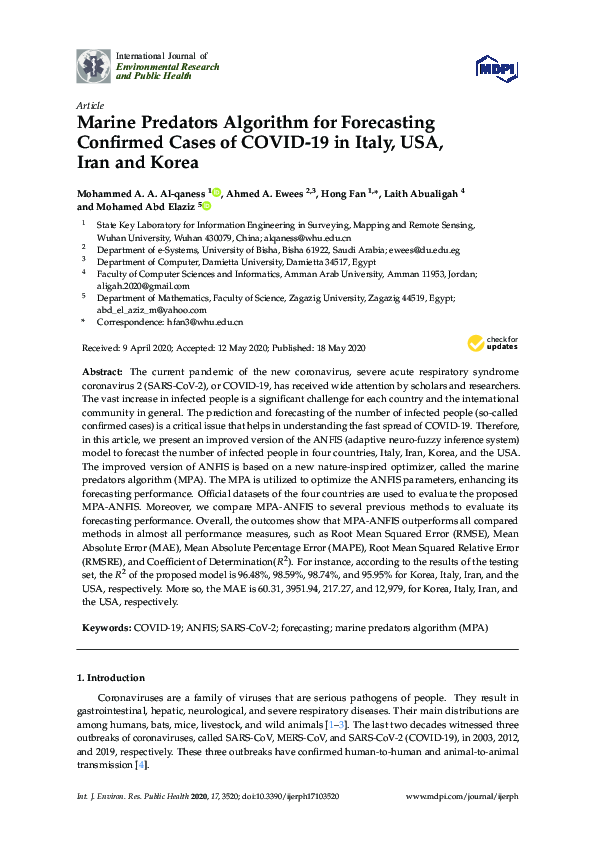 Pdf Marine Predators Algorithm For Forecasting Confirmed Cases Of