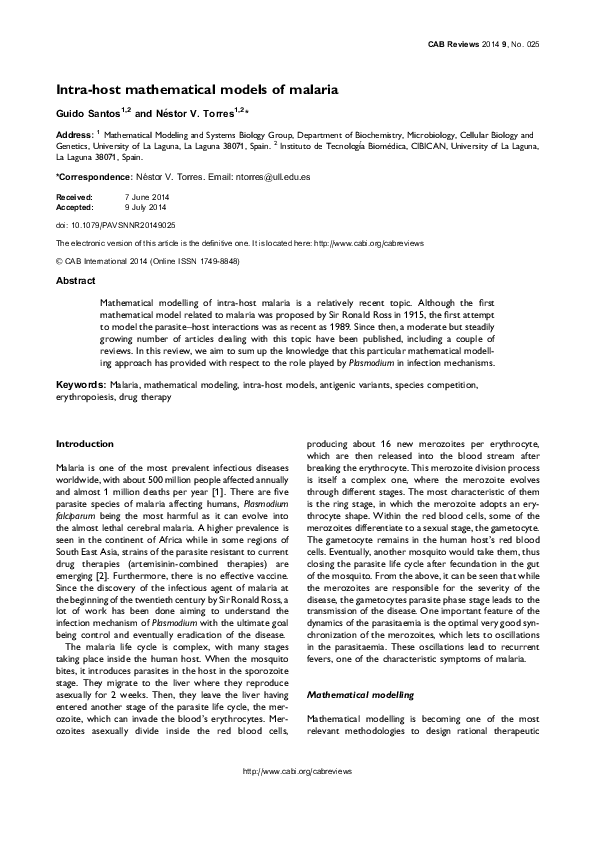 (PDF) Intra-host mathematical models of malaria