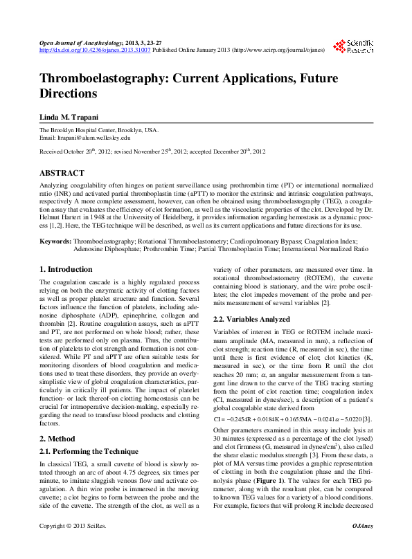 (PDF) Thromboelastography: Current Applications, Future Directions