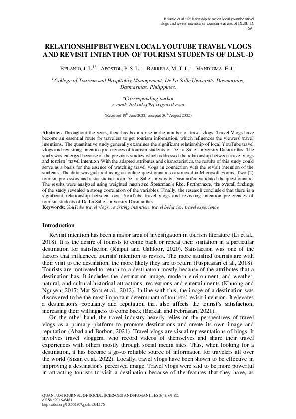 (PDF) Relationship Between Local Youtube Travel Vlogs and Revisit ...