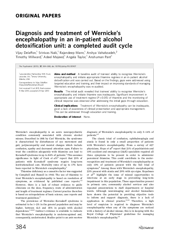 (PDF) Diagnosis and treatment of Wernicke's encephalopathy in an in ...