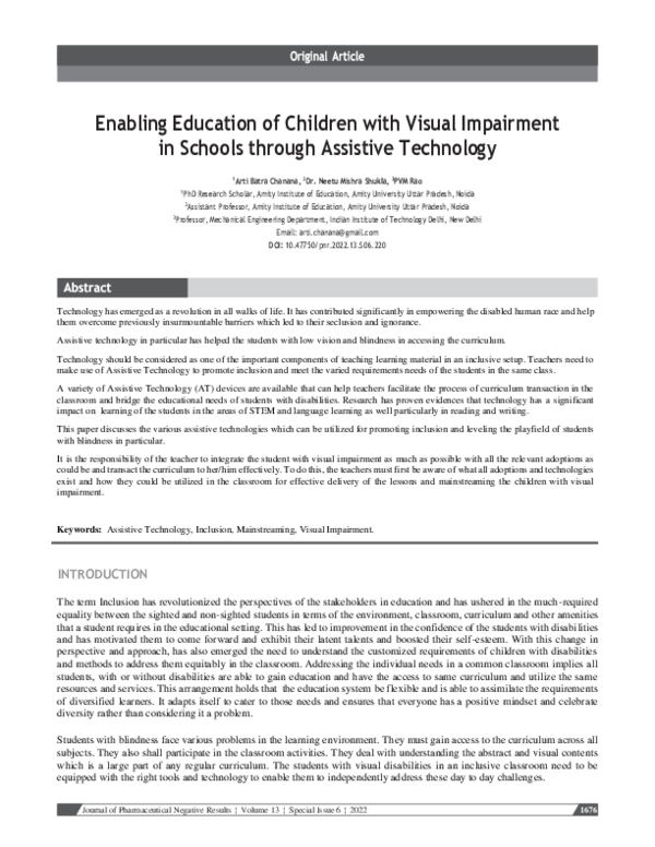(PDF) Enabling Education of Children with Visual Impairment in Schools through Assistive Technology