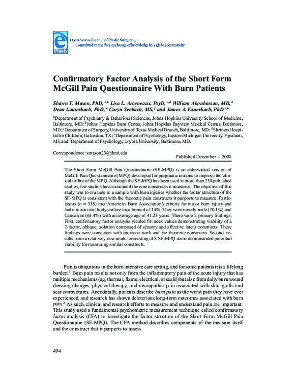 (PDF) Confirmatory factor analysis of the Short Form McGill Pain Questionnaire with burn ...