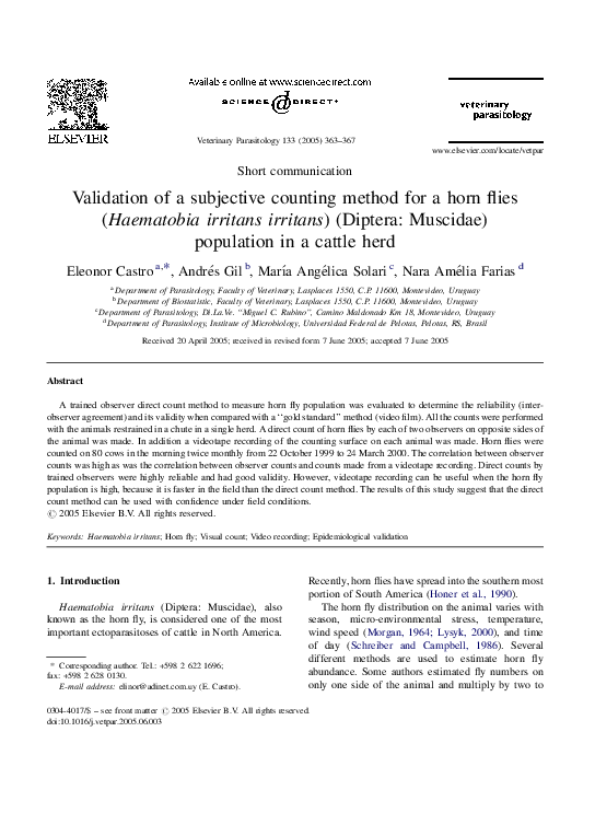 (PDF) Validation of a subjective counting method for a horn flies (Haematobia irritans irritans ...