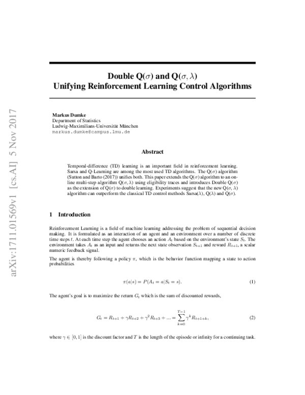 (PDF) Double Q($\sigma$) and Q($\sigma, \lambda$): Unifying Reinforcement Learning Control ...