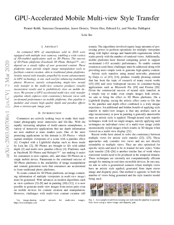 Pdf Gpu Accelerated Mobile Multi View Style Transfer Puneet Kohli