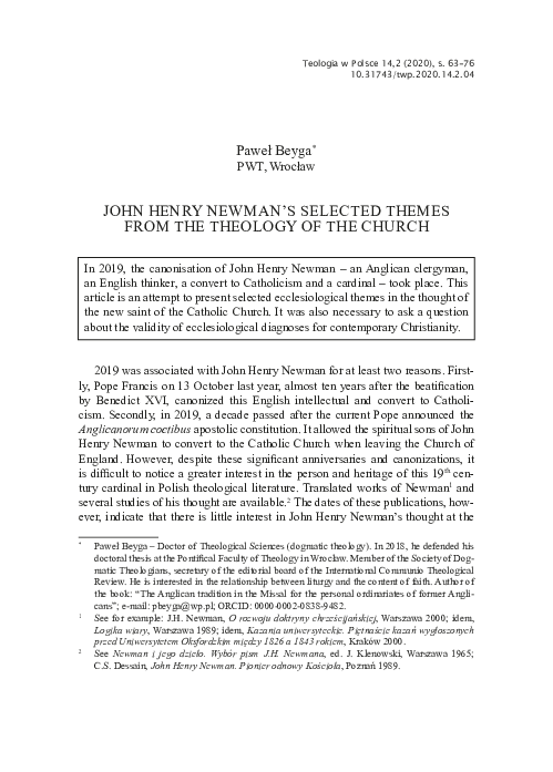 (PDF) John Henry Newman’s Selected Themes from the Theology of the Church