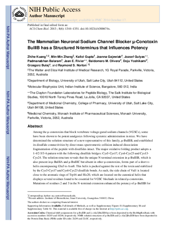 (PDF) Mammalian Neuronal Sodium Channel Blocker μ-Conotoxin BuIIIB Has ...