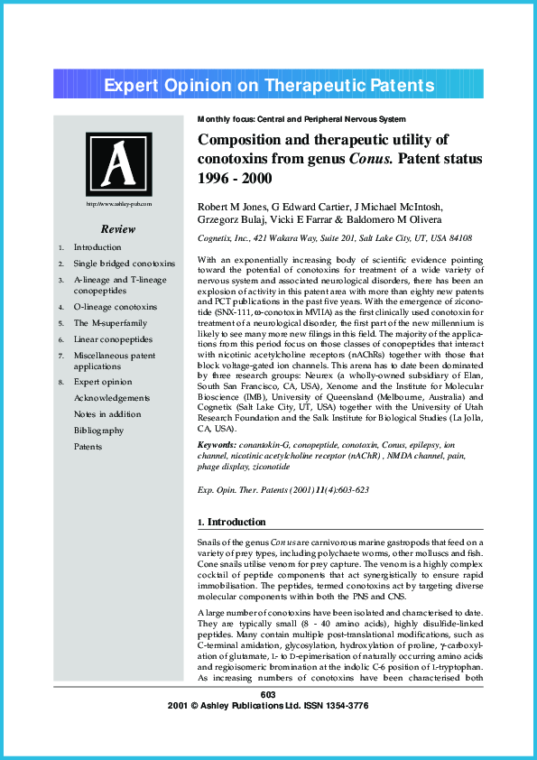 (PDF) Composition and therapeutic utility of conotoxins from genus ...