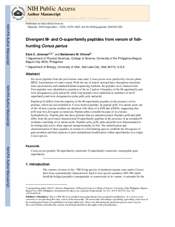 (PDF) Divergent M- and O-superfamily peptides from venom of fish ...
