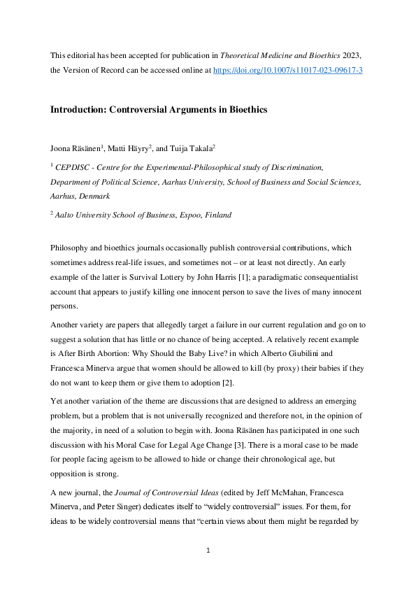(PDF) Introduction: Controversial Arguments in Bioethics