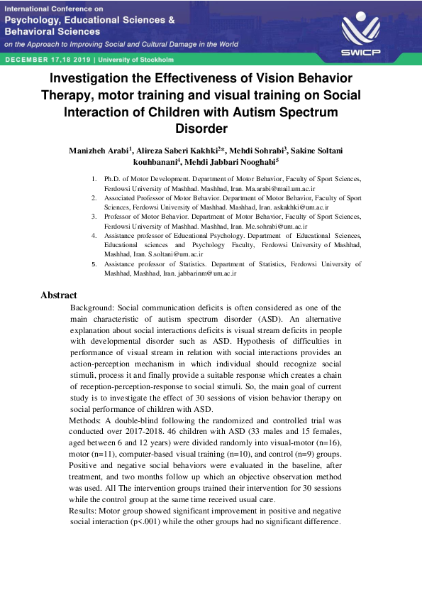 (PDF) Investigation the Effectiveness of Vision Behavior Therapy, motor ...