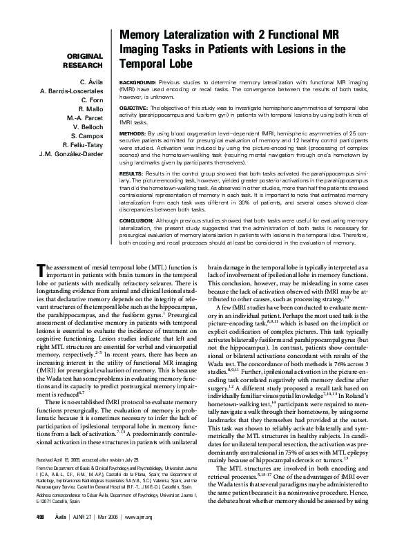 (PDF) Memory lateralization with 2 functional MR imaging tasks in patients with lesions in the ...