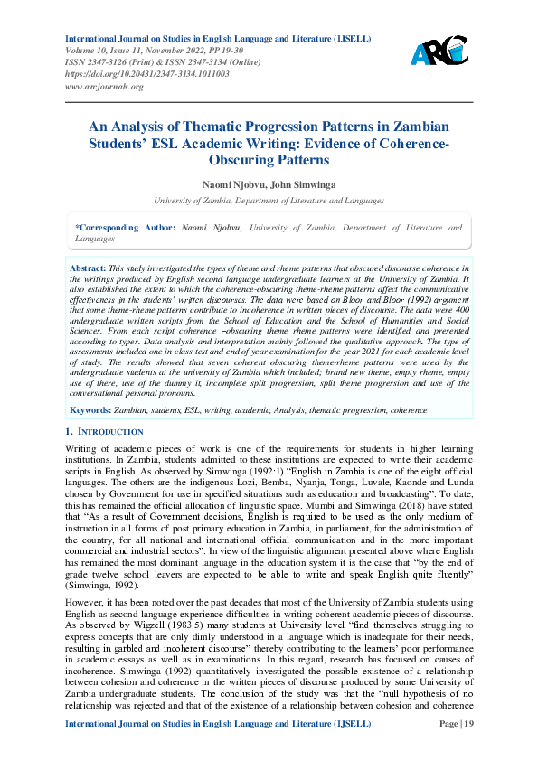 (PDF) An Analysis of Thematic Progression Patterns in Zambian Students ...