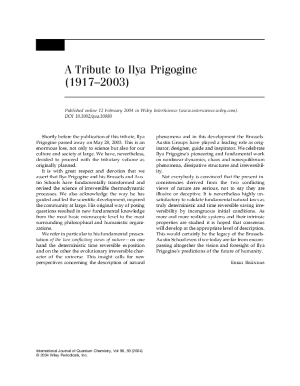 (PDF) A tribute to Ilya Prigogine (1917-2003)