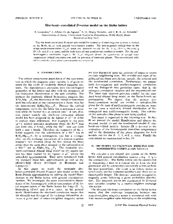 (PDF) Site-bond–correlated D-vector model on the Bethe lattice