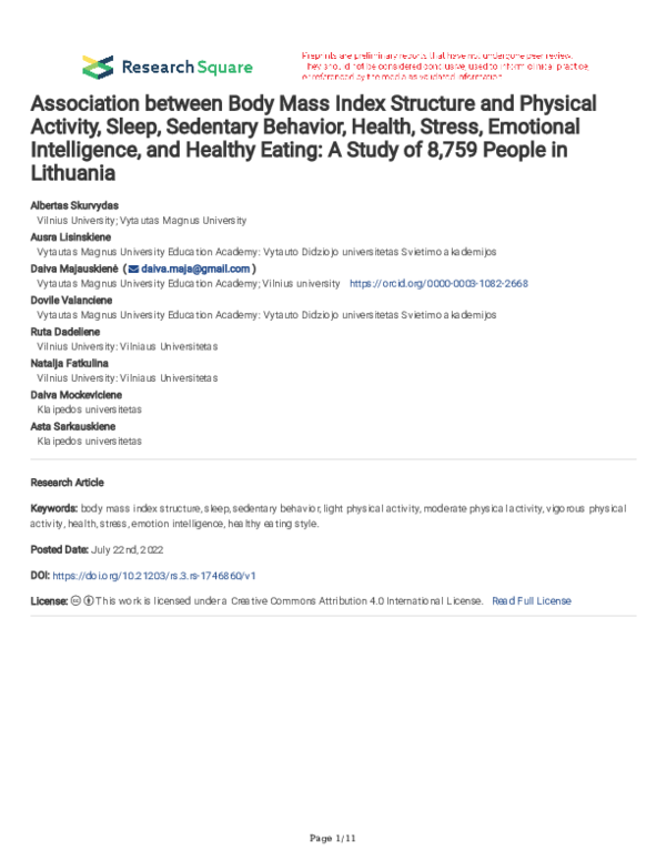 (PDF) Association between Body Mass Index Structure and Physical Activity, Sleep, Sedentary ...